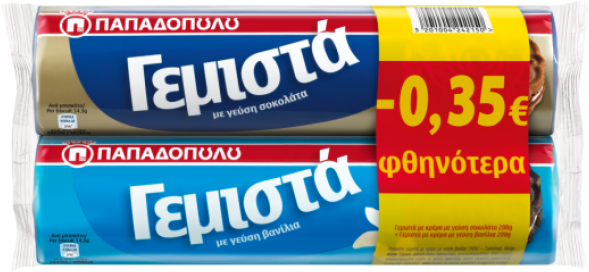 Γεμιστά ΠΑΠΑΔΟΠΟΥΛΟΥ σοκολάτα και βανίλια 2x200gr (-0,35€)