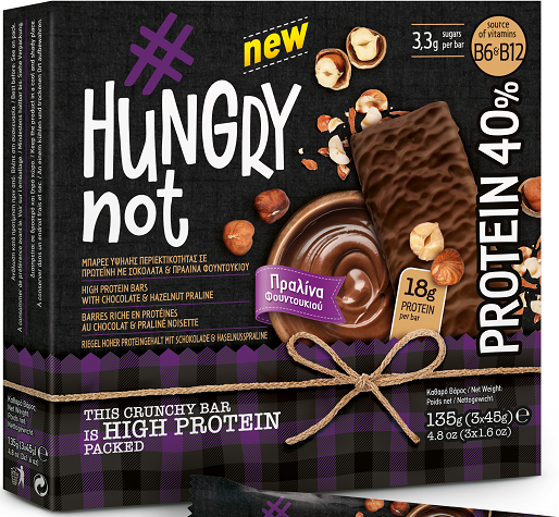 Μπάρες πρωτείνης HUNGRY NOT με σοκολάτα και πραλίνα φουντουκιού 3x45gr
