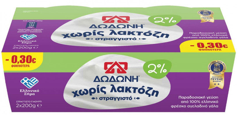 Γιαούρτι ΔΩΔΩΝΗ στραγγιστό 2% χωρίς λακτόζη 2x200gr (-0,30€)